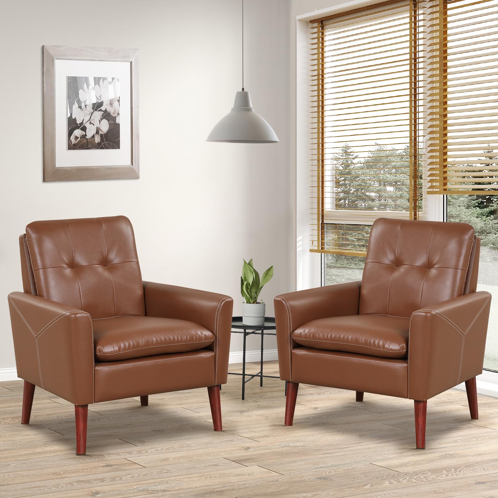 Giantex Modern Leather Accent Chair Set of 2 - Mid-Century Arm Chairs for Living Room, Single Sofa Chair with Backrest and Wide Armrests, Upholstered Living Room Chair, Max Load 400lbs, Brown