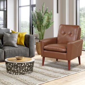 Giantex Modern Leather Accent Chair Set of 2 - Mid-Century Arm Chairs for Living Room, Single Sofa Chair with Backrest and Wide Armrests, Upholstered Living Room Chair, Max Load 400lbs, Brown