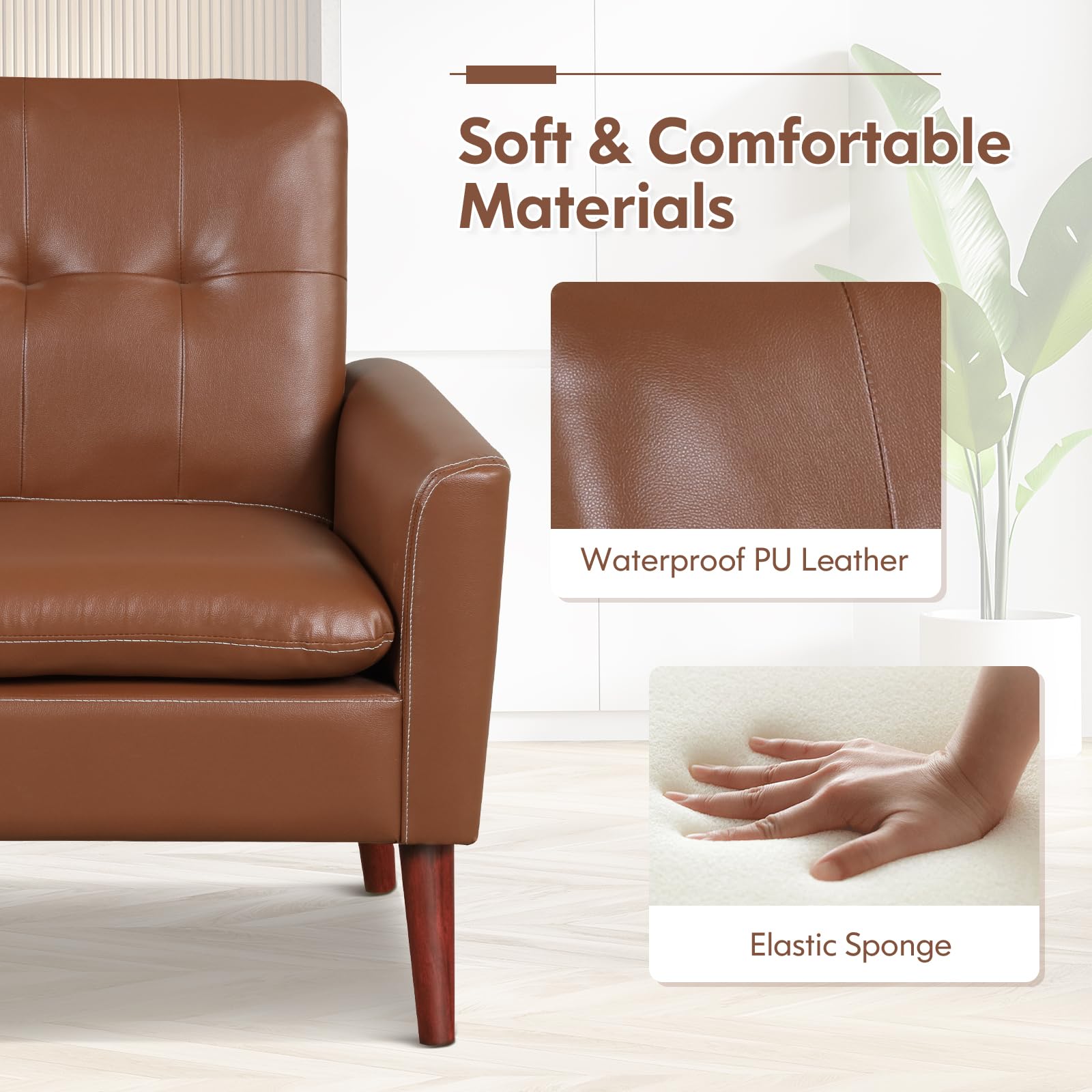 Giantex Modern Leather Accent Chair Set of 2 - Mid-Century Arm Chairs for Living Room, Single Sofa Chair with Backrest and Wide Armrests, Upholstered Living Room Chair, Max Load 400lbs, Brown