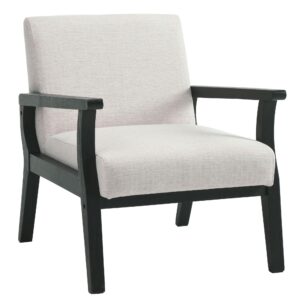 hny mid century armchair with black wood frames, linen upholstered living room arm chair, for living room, bedroom, ivory