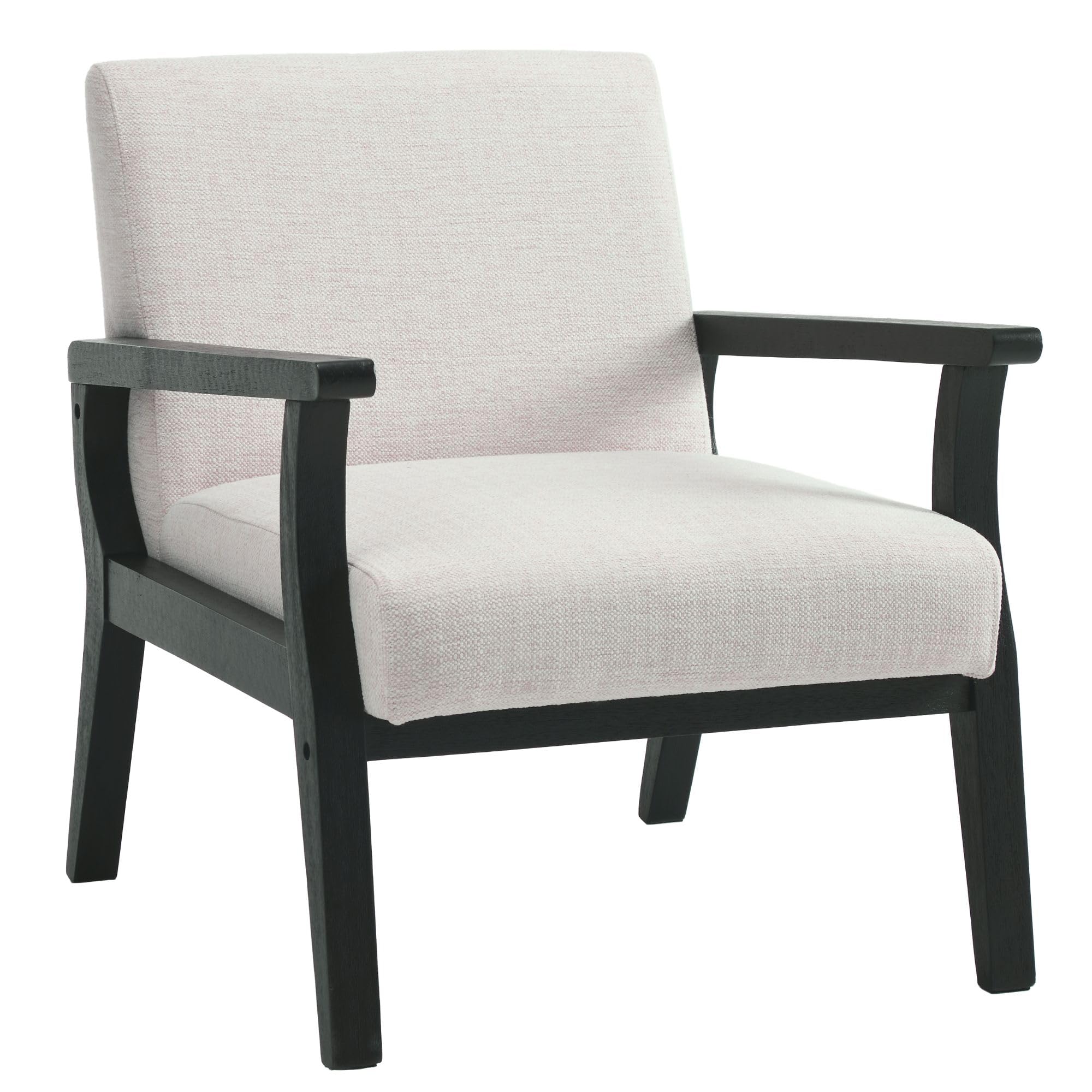 HNY Mid Century Armchair with Black Wood Frames, Linen Upholstered Living Room Arm Chair, for Living Room, Bedroom, Ivory