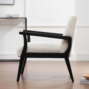 HNY Mid Century Armchair with Black Wood Frames, Linen Upholstered Living Room Arm Chair, for Living Room, Bedroom, Ivory