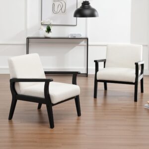 HNY Mid Century Armchair with Black Wood Frames, Linen Upholstered Living Room Arm Chair, for Living Room, Bedroom, Ivory