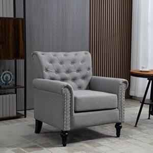 joybase mid-century modern accent chair armchair, upholstered club reading chair with nailheads and wood legs single sofa chair for living room bedroom (light grey, linen)