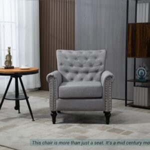 JOYBASE Mid-Century Modern Accent chair Armchair, Upholstered Club Reading Chair with Nailheads and Wood Legs Single Sofa Chair for Living Room Bedroom (Light Grey, Linen)