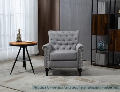 JOYBASE Mid-Century Modern Accent chair Armchair, Upholstered Club Reading Chair with Nailheads and Wood Legs Single Sofa Chair for Living Room Bedroom (Light Grey, Linen)