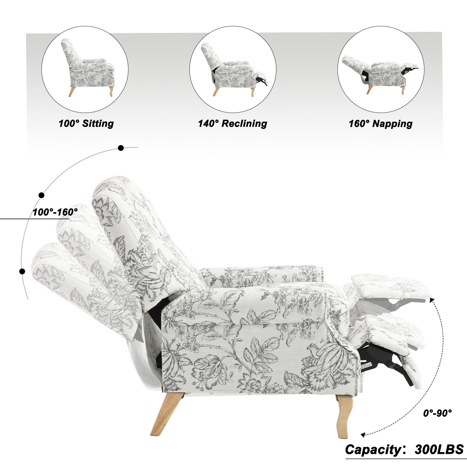 QUINJAY Floral Patterned Recliner Chair for Living Room, Upholstered Single Sofa with Adjustable Back and Footrest, Modern Push Back Lounge Chair Accent Armchair for Small Spaces Reading Napping