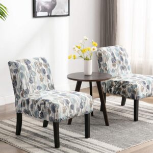 Altrobene Fabric Armless Accent Chairs Set of 2, Modern Slipper Side Chair with Washable Covers for Living Room Bedroom/Home Office, White/Blue/Floral