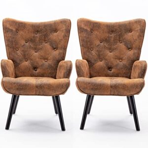 brown leather accent chairs set of 2 for living room- mid-century modern comfy reading chair for bedroom adults armchairs sillones para sala sofa tall wingback arm chairs microfiber cushioned