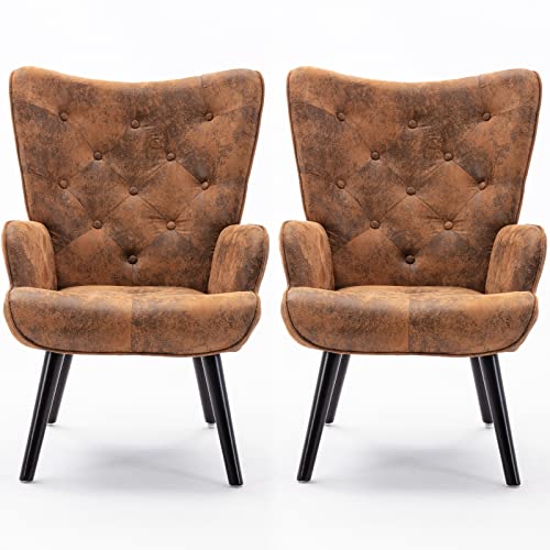 Brown Leather Accent Chairs Set of 2 for Living Room- Mid-Century Modern Comfy Reading Chair for Bedroom Adults Armchairs Sillones para Sala Sofa Tall Wingback Arm Chairs Microfiber Cushioned