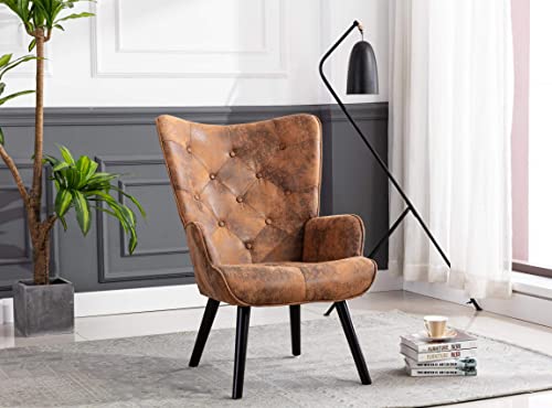 Brown Leather Accent Chairs Set of 2 for Living Room- Mid-Century Modern Comfy Reading Chair for Bedroom Adults Armchairs Sillones para Sala Sofa Tall Wingback Arm Chairs Microfiber Cushioned