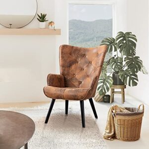 Brown Leather Accent Chairs Set of 2 for Living Room- Mid-Century Modern Comfy Reading Chair for Bedroom Adults Armchairs Sillones para Sala Sofa Tall Wingback Arm Chairs Microfiber Cushioned