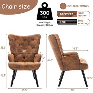 Brown Leather Accent Chairs Set of 2 for Living Room- Mid-Century Modern Comfy Reading Chair for Bedroom Adults Armchairs Sillones para Sala Sofa Tall Wingback Arm Chairs Microfiber Cushioned