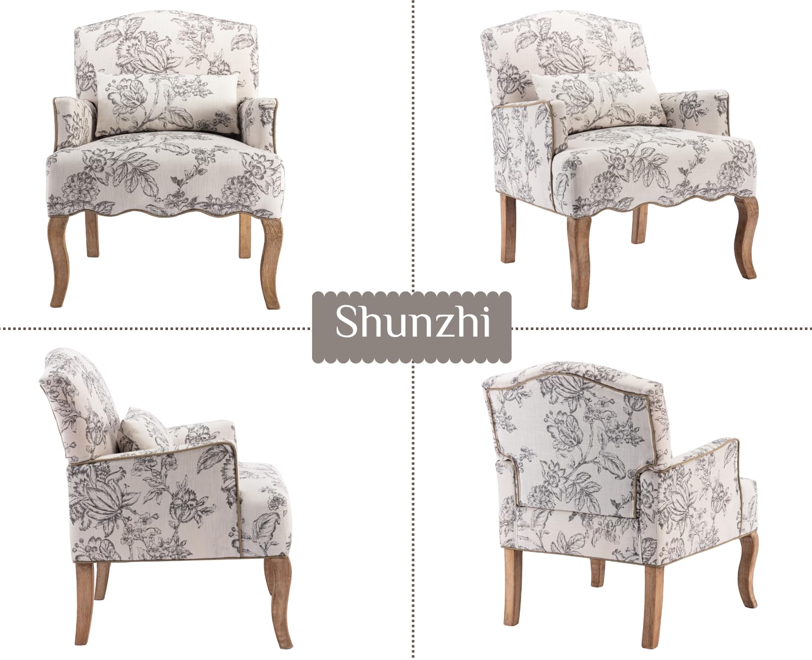 Shunzhi Mid Century Accent Chairs Modern Floral Armchair Upholstered Reading Chair Linen Farmhouse Single Sofa Chair with Pillow for Bedroom/Living Room/Fireplace, Beige, 1PC