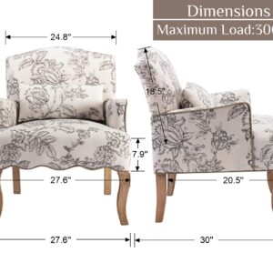 Shunzhi Mid Century Accent Chairs Modern Floral Armchair Upholstered Reading Chair Linen Farmhouse Single Sofa Chair with Pillow for Bedroom/Living Room/Fireplace, Beige, 1PC