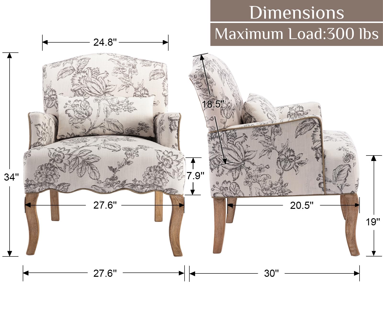 Shunzhi Mid Century Accent Chairs Modern Floral Armchair Upholstered Reading Chair Linen Farmhouse Single Sofa Chair with Pillow for Bedroom/Living Room/Fireplace, Beige, 1PC