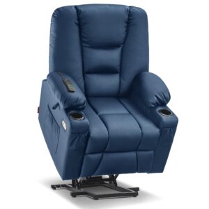 mcombo small power lift recliner chair with massage and heat for petite people, cup holders, usb ports, side pockets, faux leather 7569 (small, navy blue)