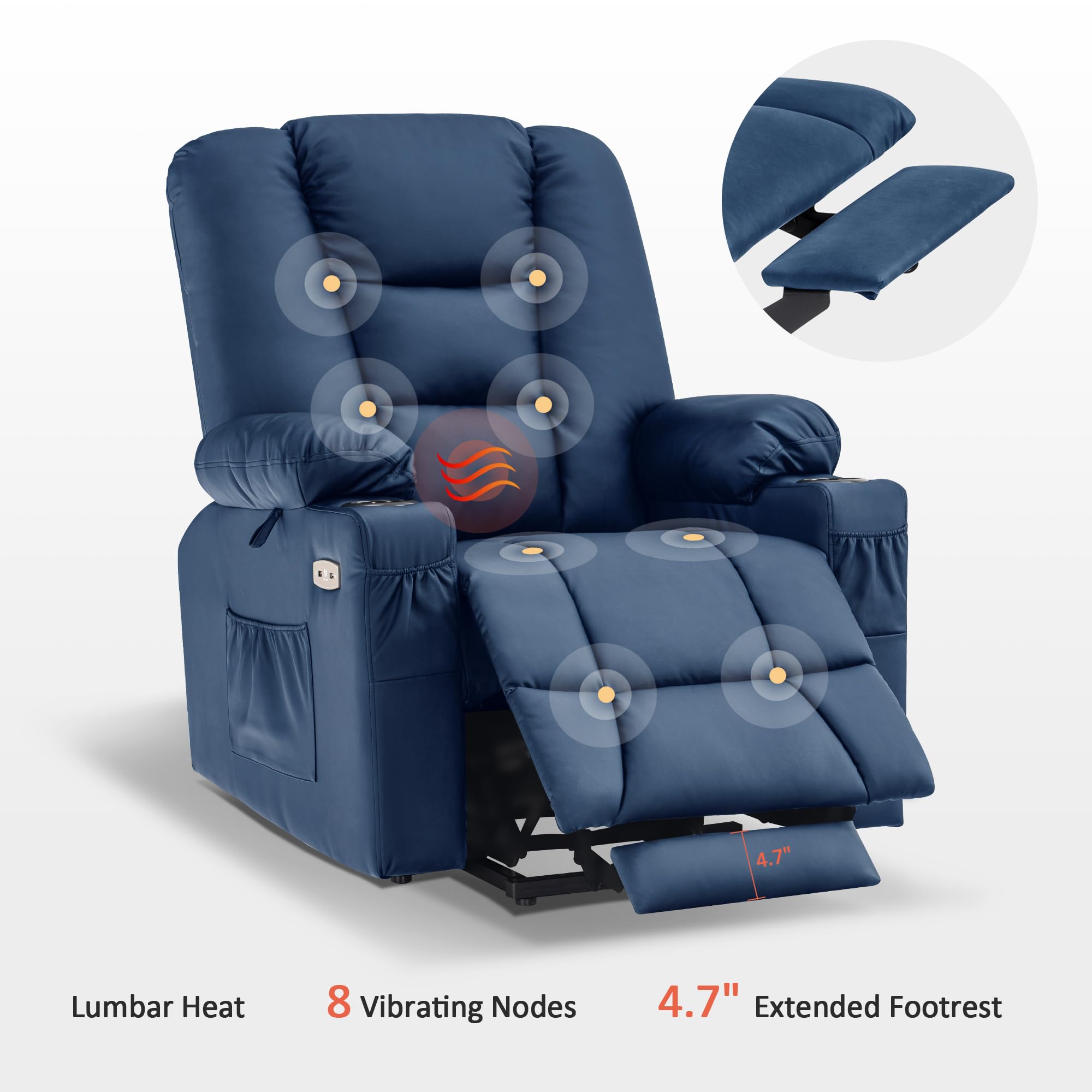 MCombo Small Power Lift Recliner Chair with Massage and Heat for Petite People, Cup Holders, USB Ports, Side Pockets, Faux Leather 7569 (Small, Navy Blue)