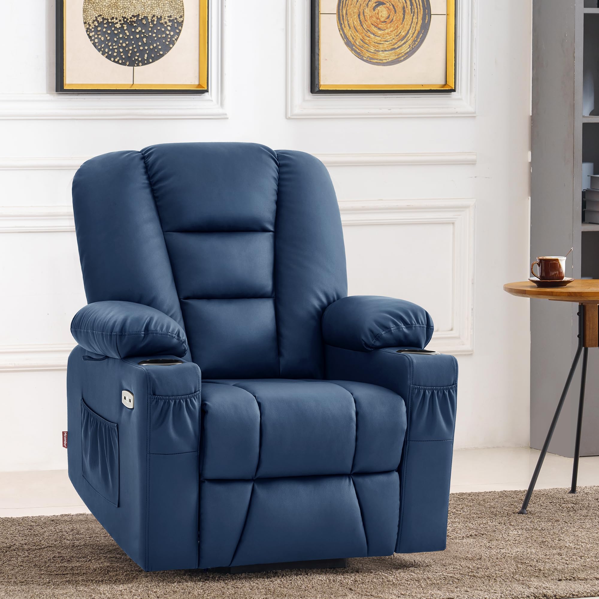 MCombo Small Power Lift Recliner Chair with Massage and Heat for Petite People, Cup Holders, USB Ports, Side Pockets, Faux Leather 7569 (Small, Navy Blue)