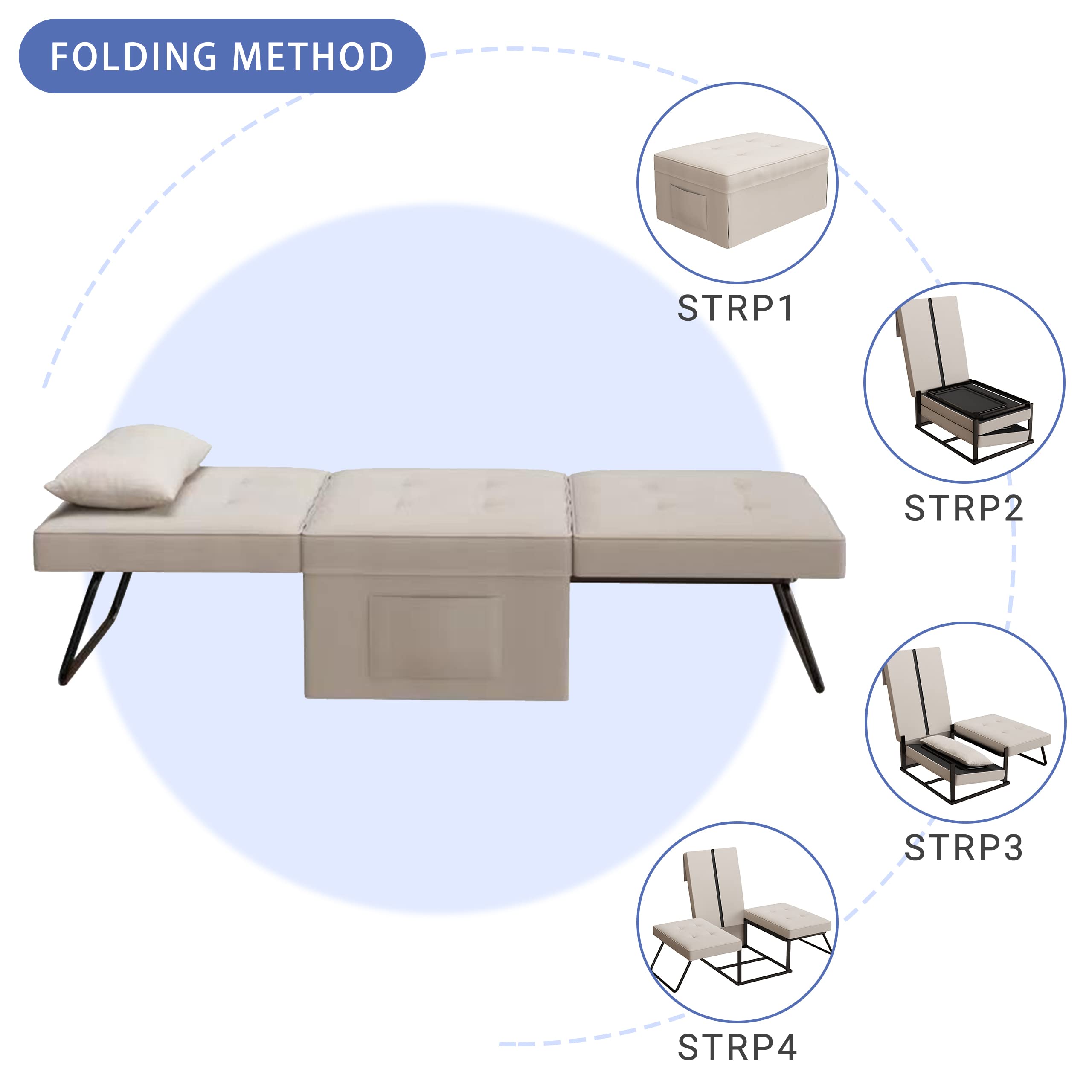 Iroomy Sofa Bed,Chair Bed,Sleeper Couch,4 in 1 Multi-Function Folding Ottoman Bed with Slide StoragePocket for Living Room,Bedroom,Hallway,Beige