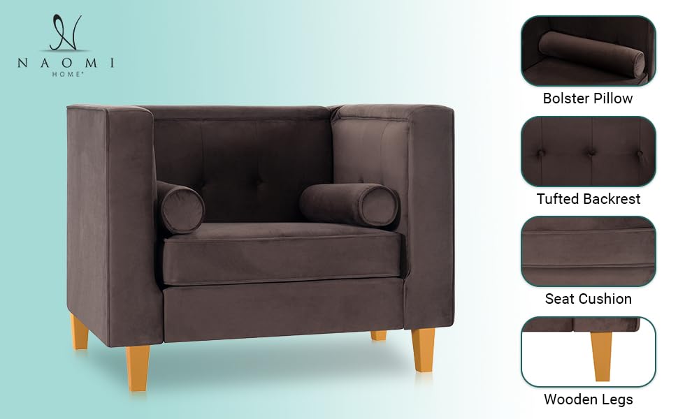 Naomi Home Audrey Velvet Accent Chair for Living Room, Mid Century Chair Arms, Tufted Cushion, Solid Wooden Legs Reading Chairs for Bedroom Comfy - Espresso