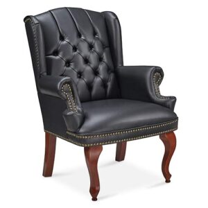 nbf signature series mckinley faux leather wing back guest chair black polyurethane/mahogany wood finish