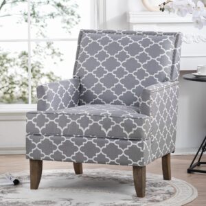 living room decorative chair fabric tufted club chair comfort upholstered armchair family apartment lounge chair with solid wood legs - floral print (upholstered gray checked pattern)