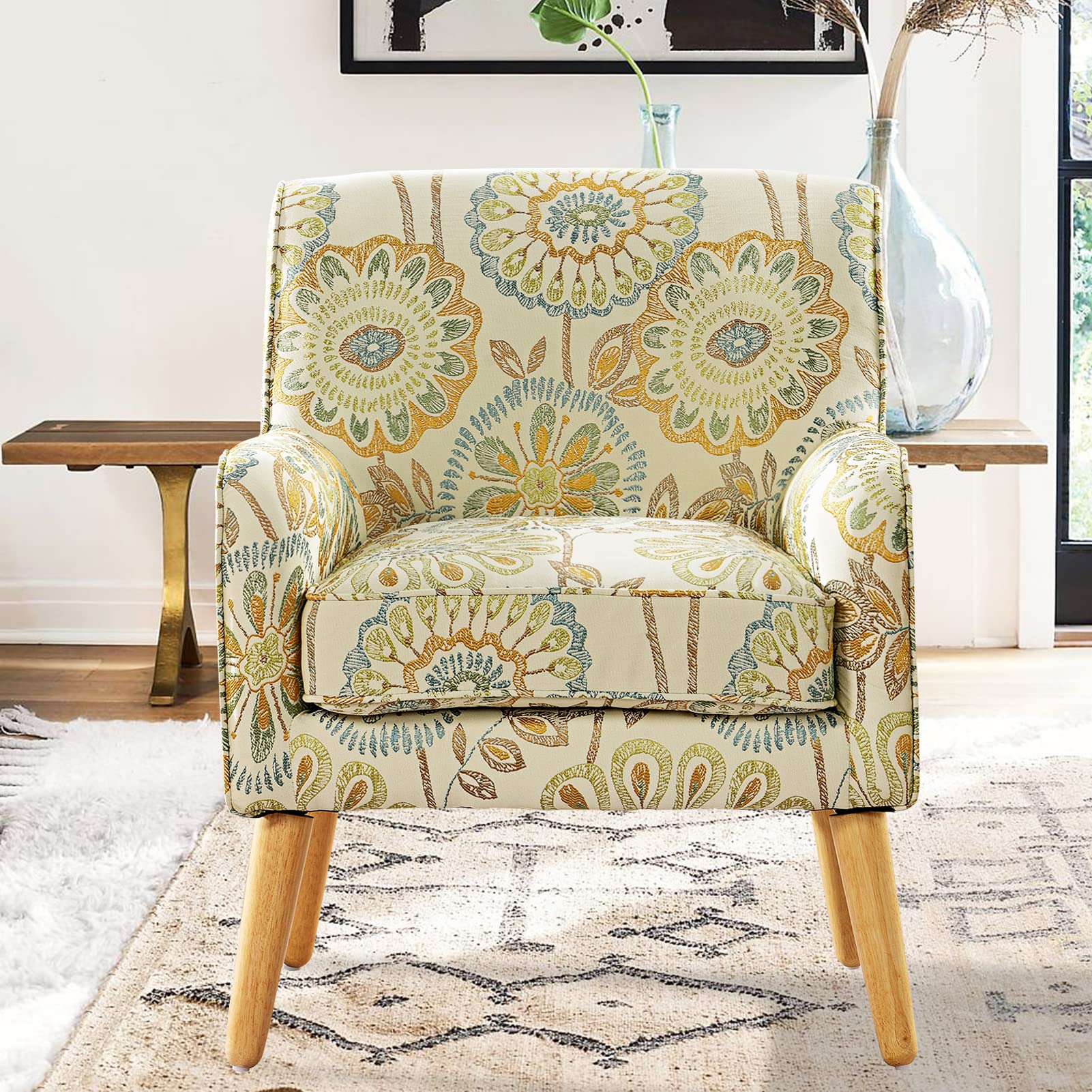 Vaztrlus Fabric Accent Chair Club Chair Exquisite Print Living Room Chairs Upholstered Modern Reading Chair Tufted Classic Wingback Chair for Bedroom(Sun Flower)