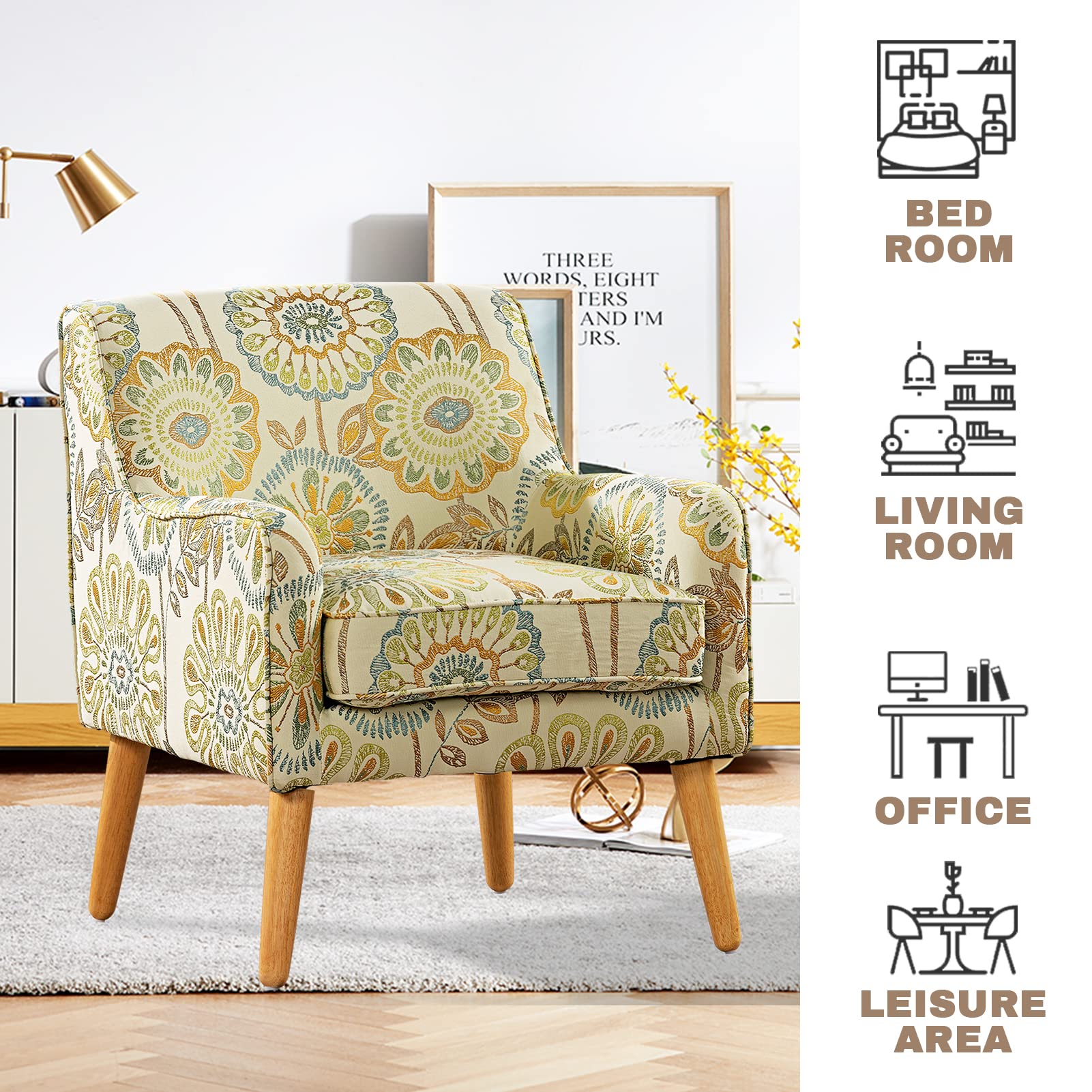 Vaztrlus Fabric Accent Chair Club Chair Exquisite Print Living Room Chairs Upholstered Modern Reading Chair Tufted Classic Wingback Chair for Bedroom(Sun Flower)