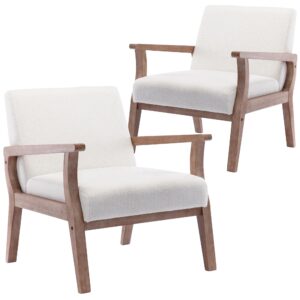 wahson set of 2 mid century armchair with wood frames, white linen upholstered farmhouse living room chair, for living room bedroom, ivory