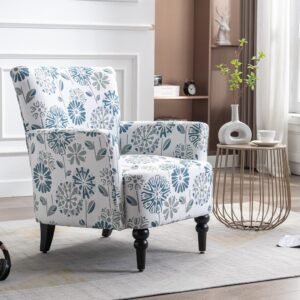 caguuia modern accent chair,upholstered arm chair,linen fabric living room chair with solid wood legs,reading chair for living room, bedroom or reception room (white blue)