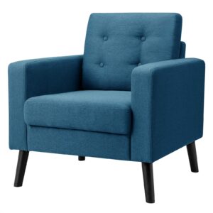 reuniong modern accent, mid century armchair w/rubber wood legs, linen single sofa w/fabric cushion, upholstered arm chair for living room, office, bedroom (blue)