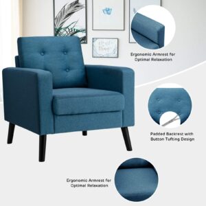 ReunionG Modern Accent, Mid Century Armchair W/Rubber Wood Legs, Linen Single Sofa W/Fabric Cushion, Upholstered Arm Chair for Living Room, Office, Bedroom (Blue)