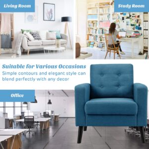 ReunionG Modern Accent, Mid Century Armchair W/Rubber Wood Legs, Linen Single Sofa W/Fabric Cushion, Upholstered Arm Chair for Living Room, Office, Bedroom (Blue)