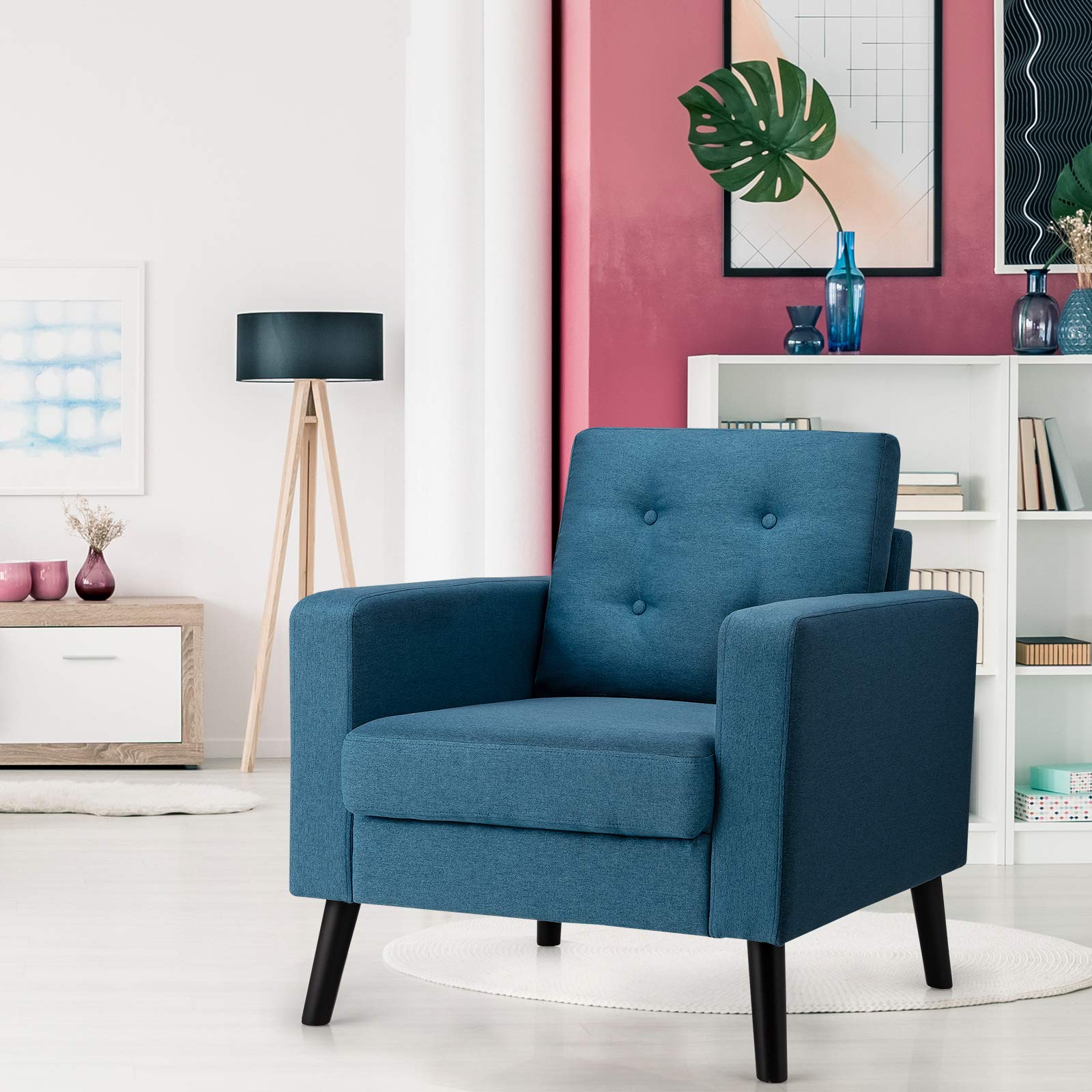 ReunionG Modern Accent, Mid Century Armchair W/Rubber Wood Legs, Linen Single Sofa W/Fabric Cushion, Upholstered Arm Chair for Living Room, Office, Bedroom (Blue)