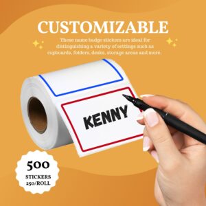 Office Werks 500 Name Badge Stickers with Color Border, 2 Rolls of 250, Multipurpose, Self-Adhesive and Easy to Peel Off, Non-Toxic and Odorless - for Classroom, Office and Home