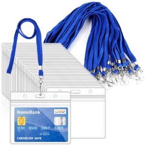 30pcs clear plastic horizontal name tags badge id card holders and 30pcs blue flat neck lanyards with swivel hook