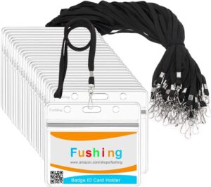 fushing 50pcs clear plastic horizontal name tags badge id card holders and 50pcs flat neck lanyards with swivel hook