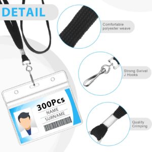 Colarr 300 Set Lanyard with ID Holder Bulk 3.9" x 3.4" Plastic Name Tag Holder and Lanyards Bulk Clear Horizontal Badge Holder and Flat Lanyards with Swivel Hook for Business Office(Black)