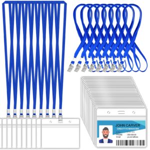 50 pcs clear horizontal badge id card and 50 pcs lanyard, reusable lanyards for id badge holder name tag badge holder with lanyards for adults kids business school conferences (blue)