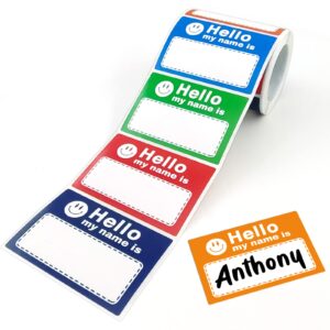 zaootg 5 colors name tags stickers-3x 2 inch-250pcs name labels for office, meeting, classroom, themed party, clothing labels for nursing home ("hello my name is" with smiling expression)