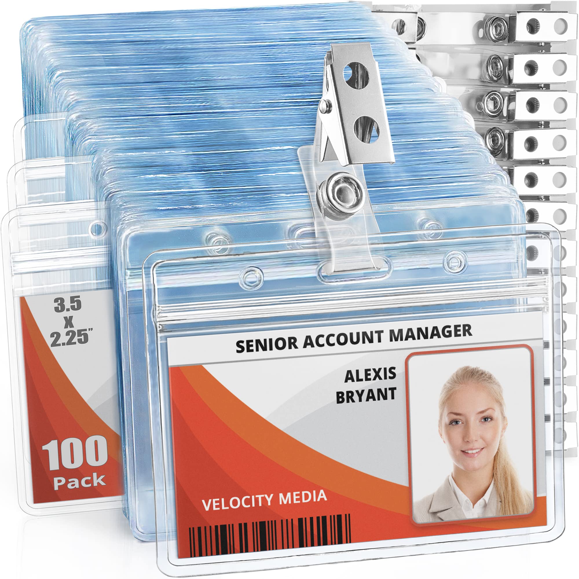 Mifflin-USA Horizontal Plastic Card Holder with Metal Clip and Vinyl Straps (Clear, 3.5x2.25 Inch, 100 Pack), Waterproof PVC ID Name Badge Holder with Clip