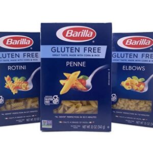 Barilla Gluten Free Pasta Variety Pack- Includes Penne Pasta, Rotini Pasta, and Elbow Macaroni Pasta Noodles. Barilla Pasta Bulk Set by Snackivore (3 x 12oz Boxes).