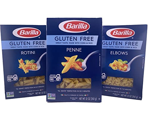 Barilla Gluten Free Pasta Variety Pack- Includes Penne Pasta, Rotini Pasta, and Elbow Macaroni Pasta Noodles. Barilla Pasta Bulk Set by Snackivore (3 x 12oz Boxes).