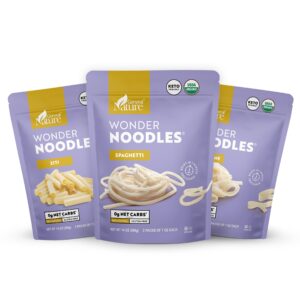 wonder noodles variety pack - carb-free, keto, gluten-free, kosher, vegan, low-calorie -organic konjac pasta - spaghetti, fettuccine, ziti (14oz each) ready to eat in one minute