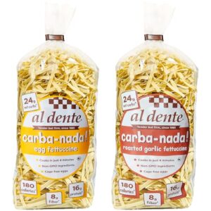 al dente, carba-nada variety 2 pack, lower carb, egg fettuccine & roasted garlic fettuccine, non-gmo, homemade taste & texture, high protein