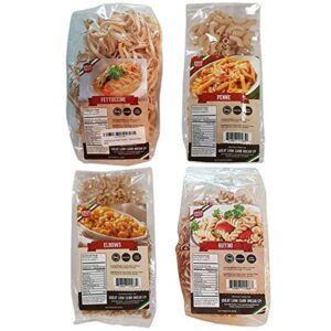 4 pack assortment low carb pasta, fettuccine, rotini, penne, and elbows, great low carb bread company