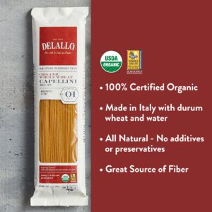 DeLallo Whole Wheat Capeillini Pasta, 1 Pound Bag, 4 Pack, Authentic Angel Hair Noodles, 100% Durum Wheat, Made in Italy