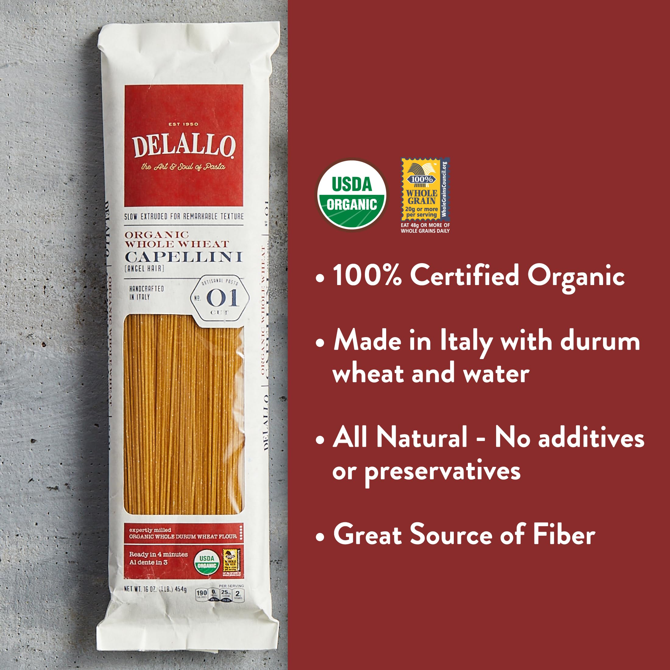 DeLallo Whole Wheat Capeillini Pasta, 1 Pound Bag, 4 Pack, Authentic Angel Hair Noodles, 100% Durum Wheat, Made in Italy