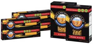 dreamfields pasta healthy carb living variety six pack (4 - 13.5 oz boxes spaghetti, 1-13.25 oz. box elbows, 1-13.25 oz. box penne rigate)